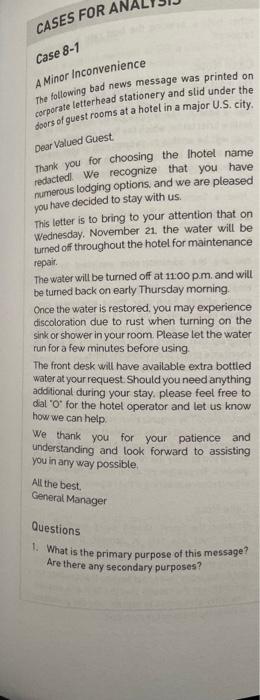 CASES FOR A Case 8-1 A Minor Inconvenience The | Chegg.com