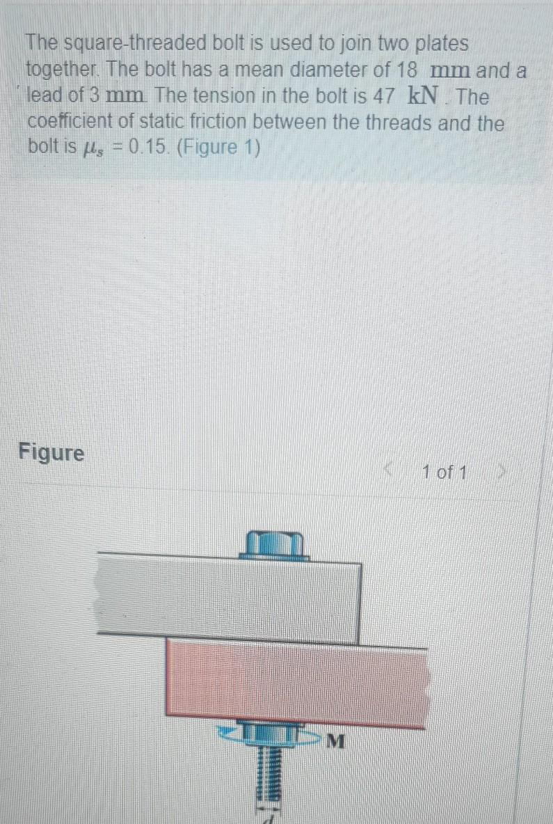 Solved The square-threaded bolt is used to join two plates | Chegg.com