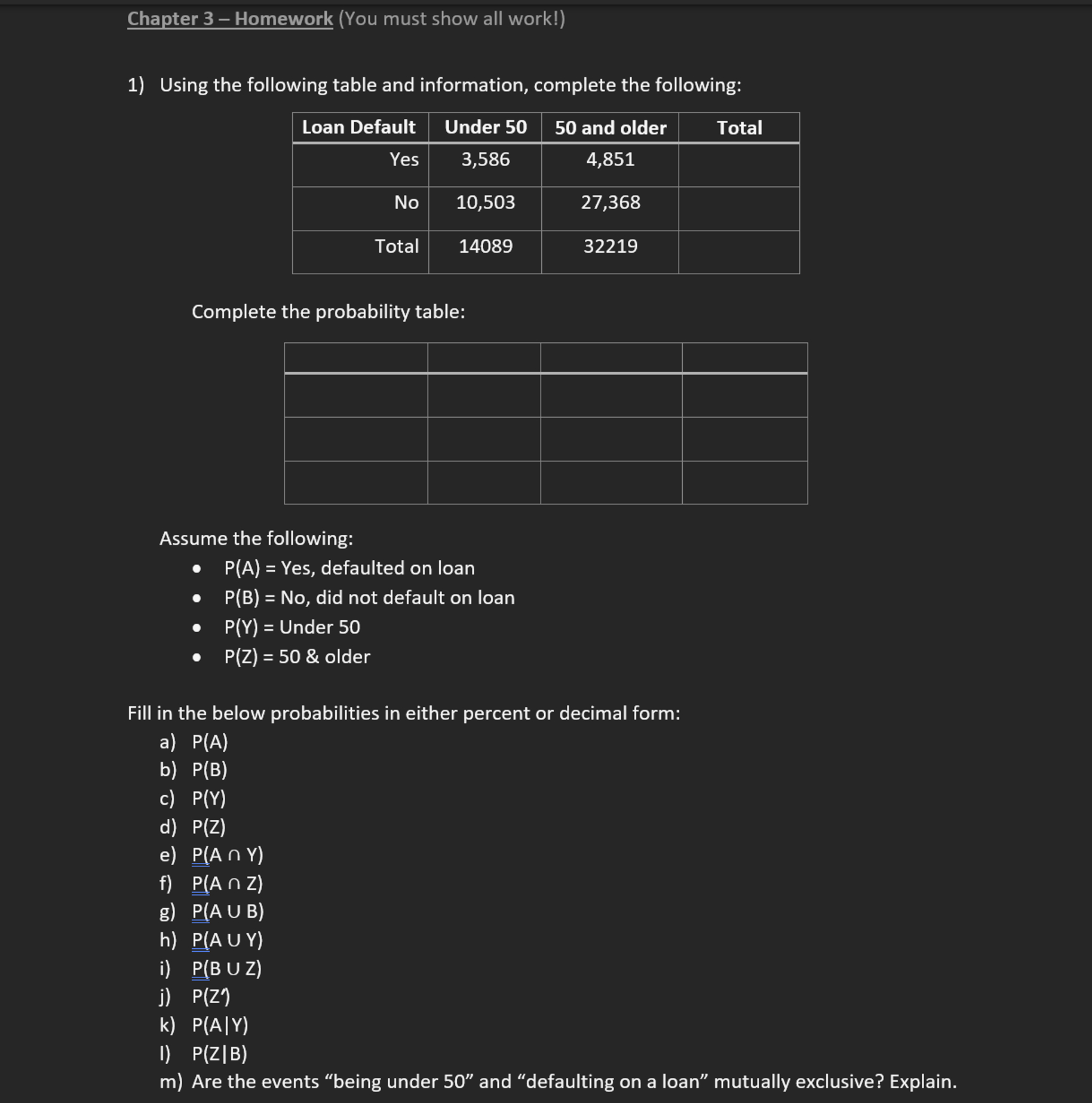 Solved Using the following table and information, complete | Chegg.com