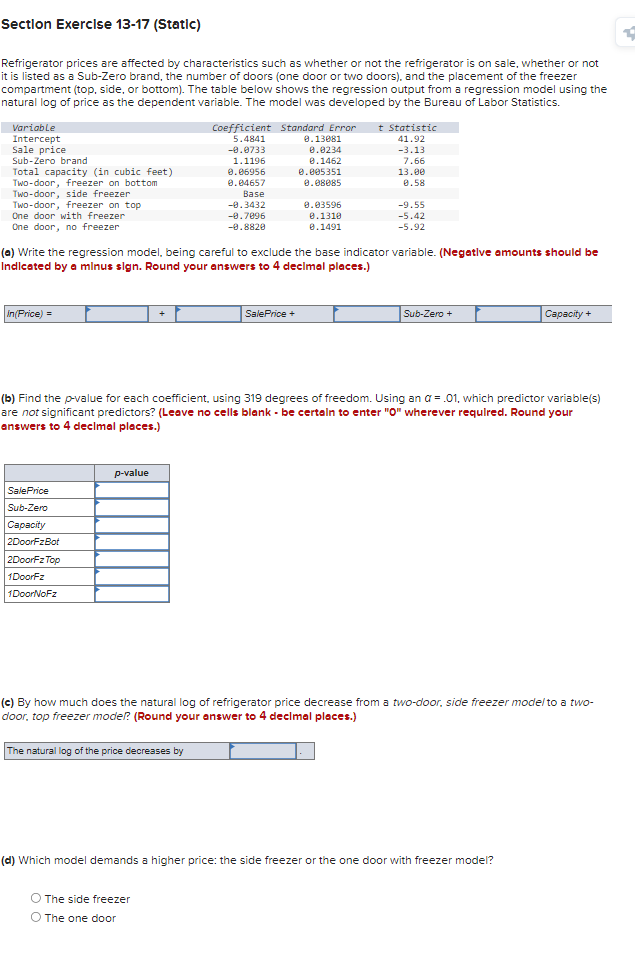 Section Exercise 13-17 (Static)Refrigerator prices | Chegg.com