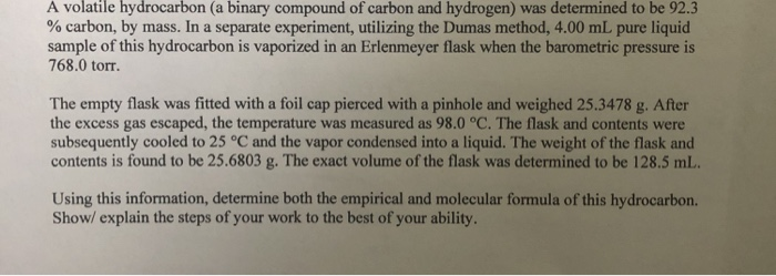 Solved A volatile hydrocarbon (a binary compound of carbon | Chegg.com