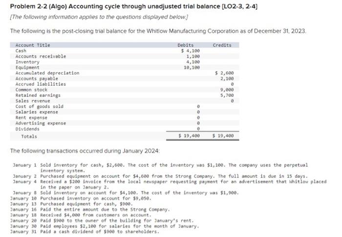 Solved Problem 2.2 (Algo) Accounting cycle through | Chegg.com