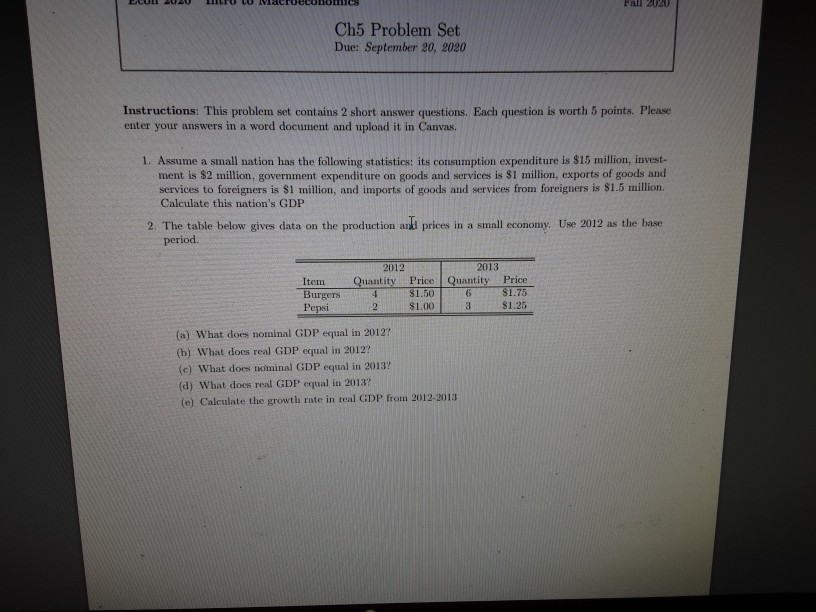 Solved Fall 2020 Ch5 Problem Set Due: September 20, 2090 | Chegg.com