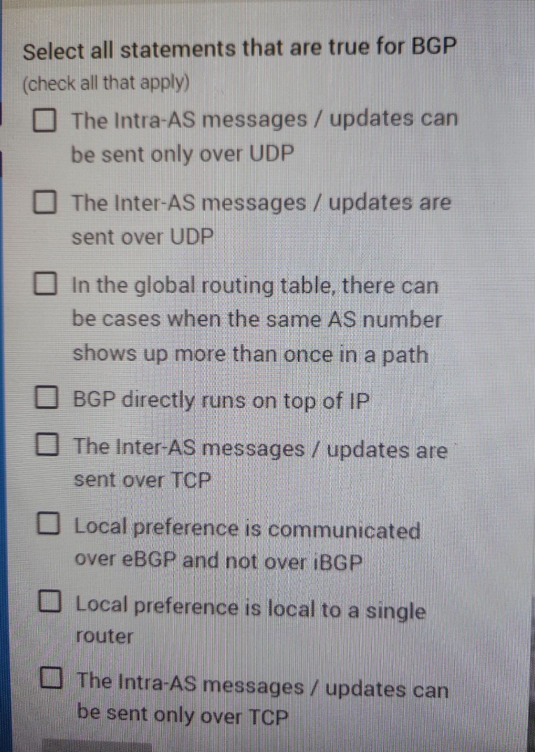 Solved Select all statements that are true for BGP (check | Chegg.com