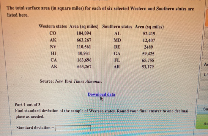 Solved The total surface area (in square miles) for each of | Chegg.com