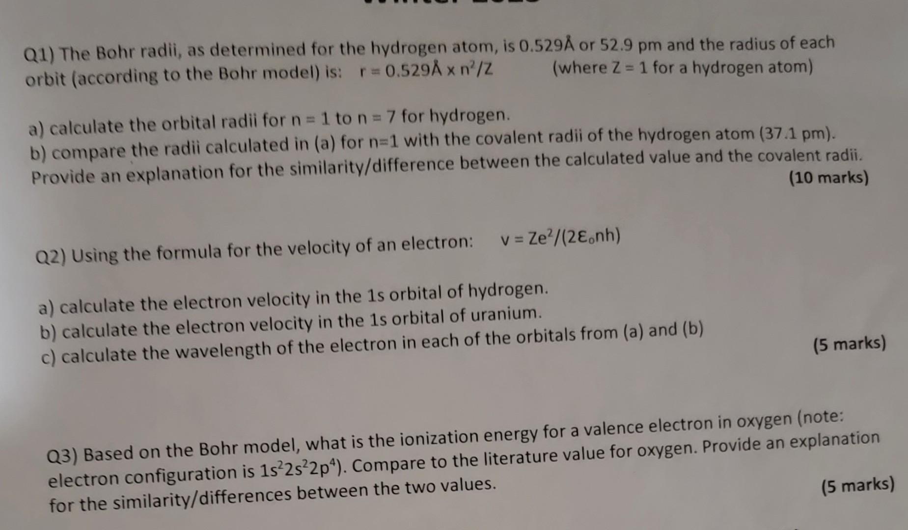 Solved Q1) The Bohr radii, as determined for the hydrogen | Chegg.com