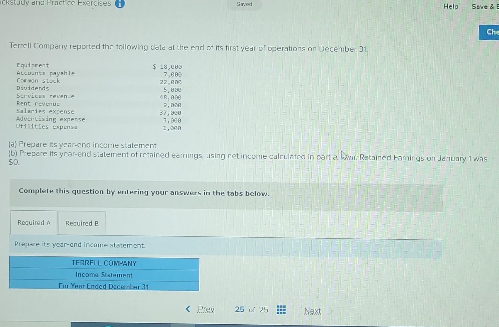 Solved Terrell Company reported the following data at the | Chegg.com