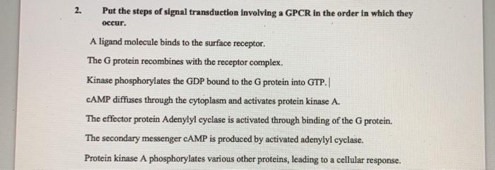 Solved 2. Put the steps of signal transduction involving a | Chegg.com