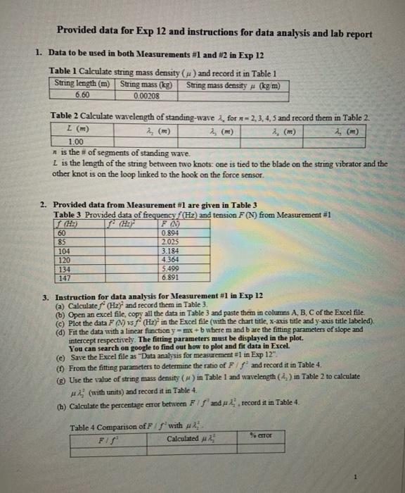 Solved Provided data for Exp 12 and instructions for data | Chegg.com