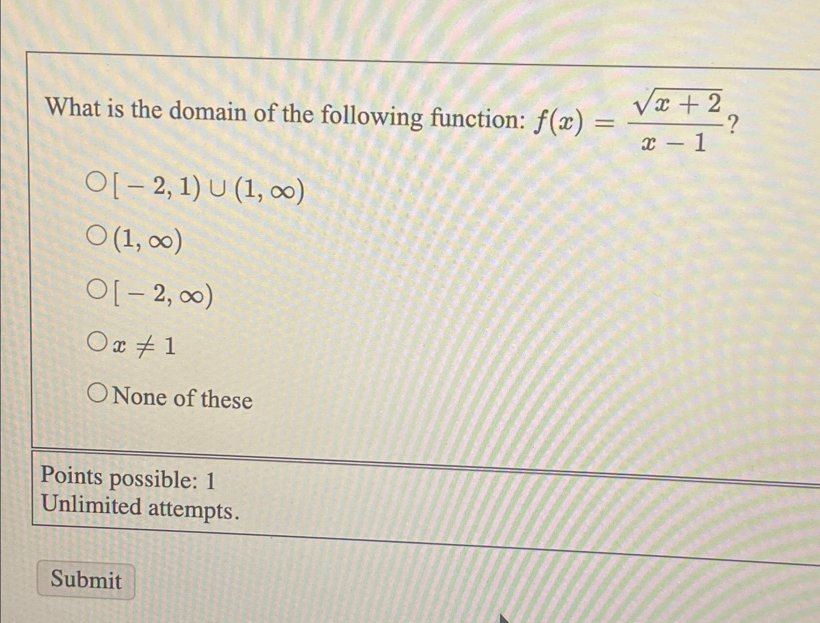 Solved What is the domain of the following function: | Chegg.com