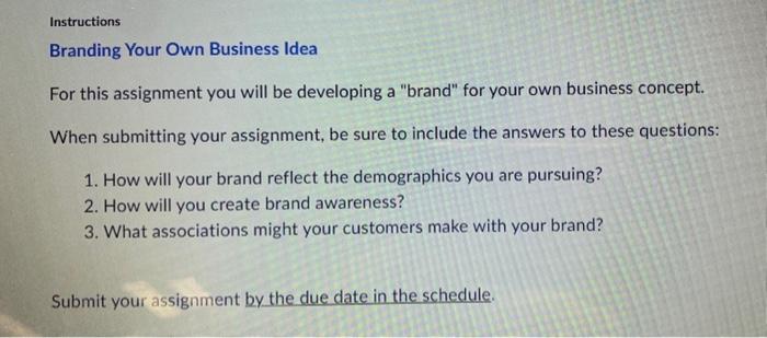 Instructions Branding Your Own Business Idea For this | Chegg.com
