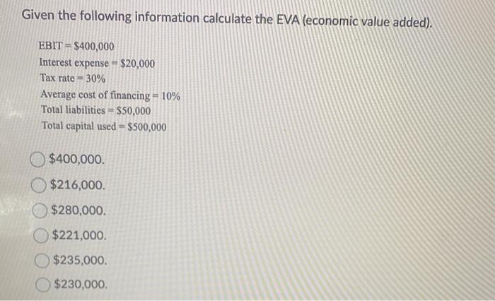 Solved Given the following information calculate the EVA | Chegg.com