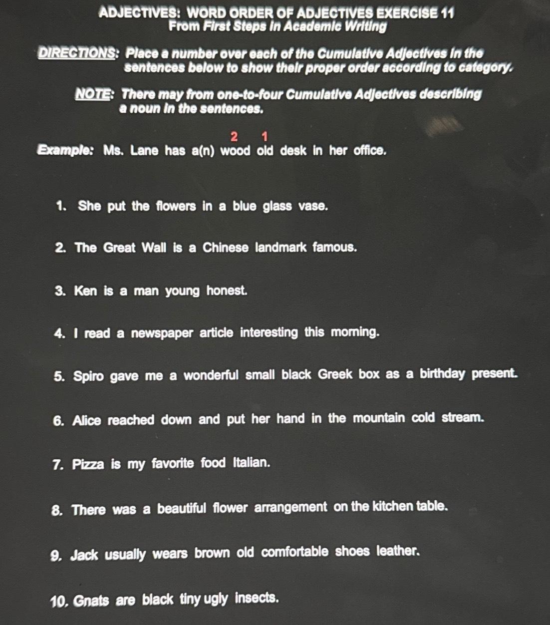 ADJECTVES: WORD ORDER OF ADJECTIVES EXERCISE 11From | Chegg.com