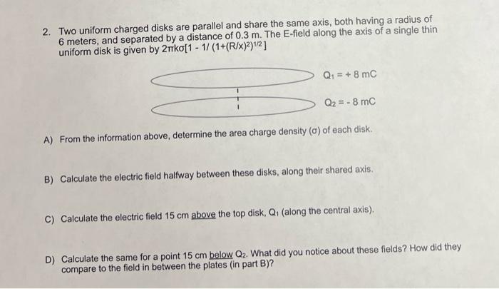 Solved 2. Two uniform charged disks are parallel and share | Chegg.com