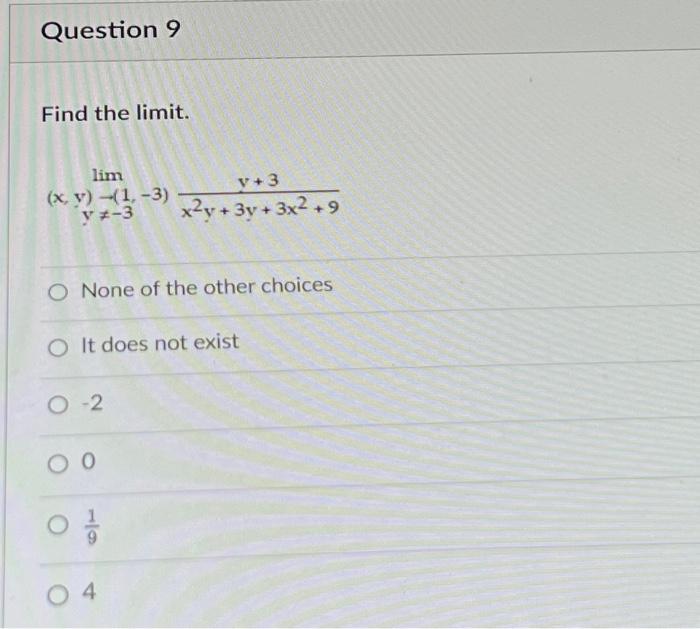 Solved Find the limit. lim(x,y)→(1,−3)y =−3x2y+3y+3x2+9y+3 | Chegg.com
