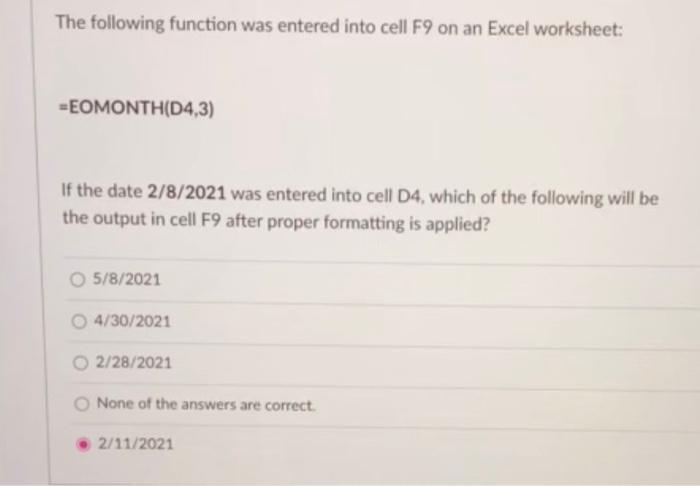 Solved The following function was entered into cell F9 on an | Chegg.com