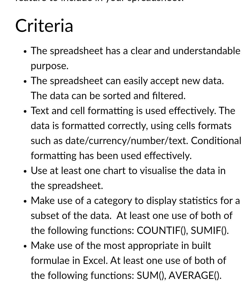 Criteria • The spreadsheet has a clear and | Chegg.com