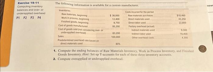 Solved Exerclse 19.11 Computing inventory balances and over- | Chegg.com