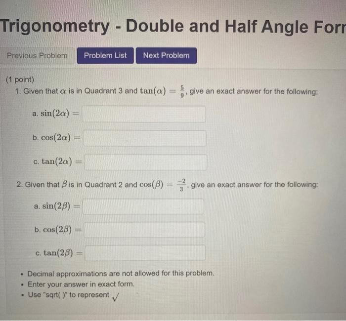 Solved Trigonometry - Double and Half Angle For Previous | Chegg.com