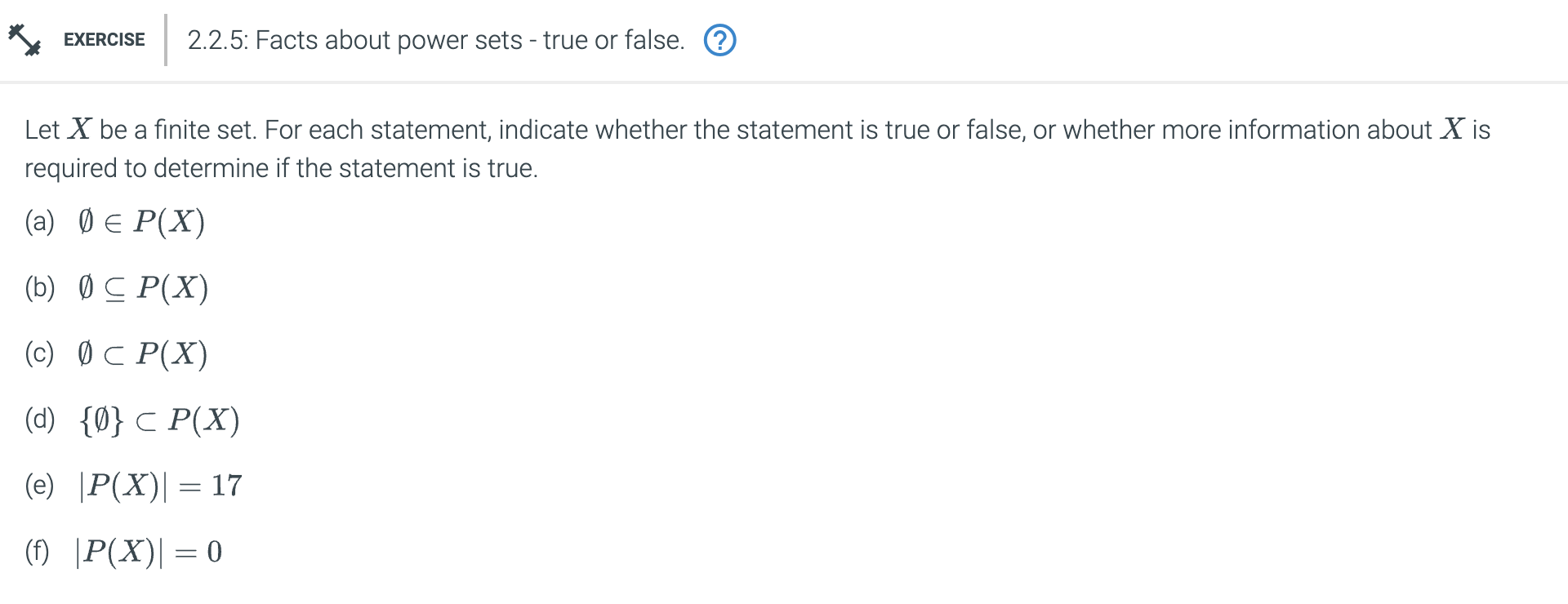 Let x ﻿be a finite set. For each statement, indicate | Chegg.com