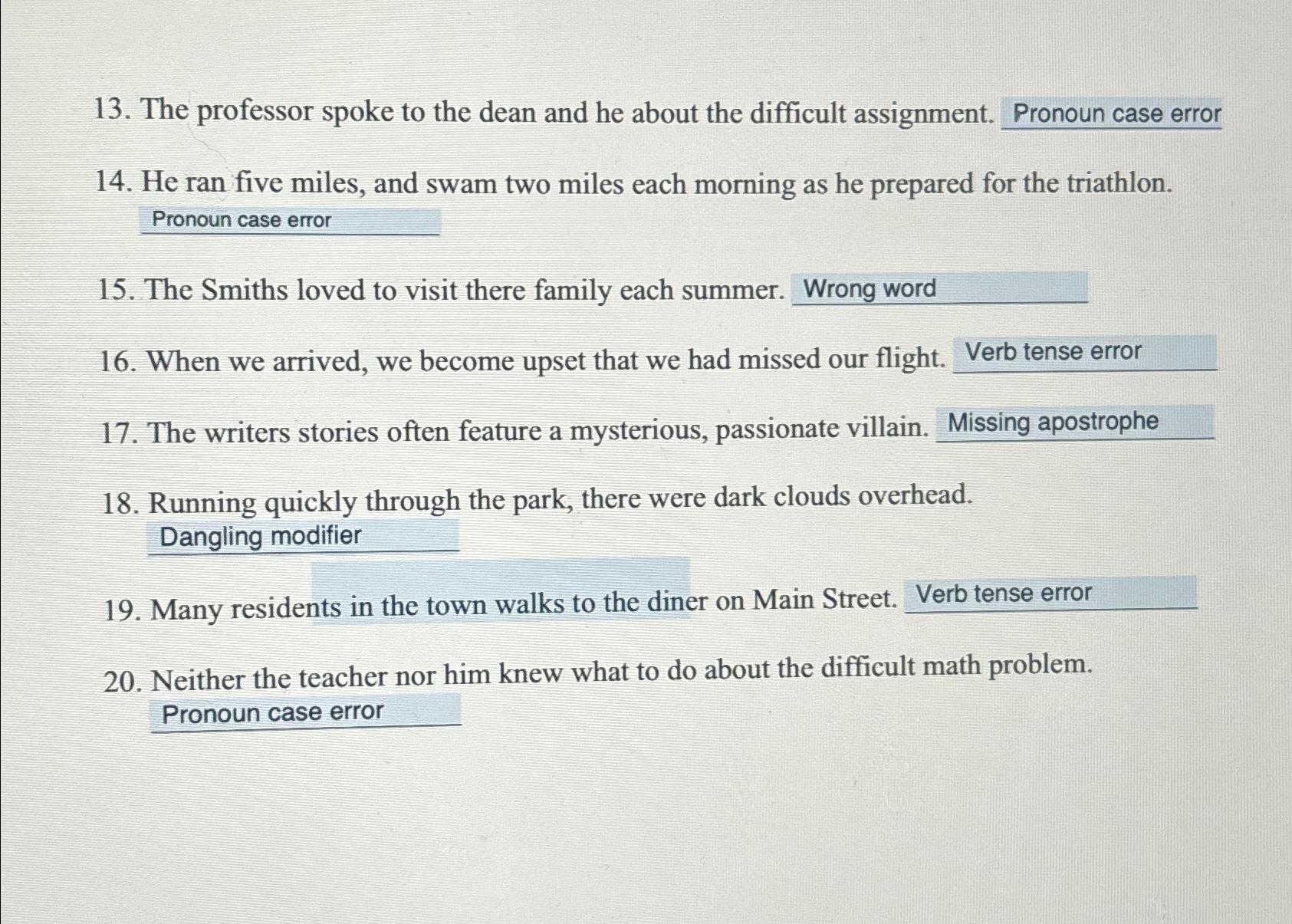 Solved Write the name of the error beside the sentence. | Chegg.com