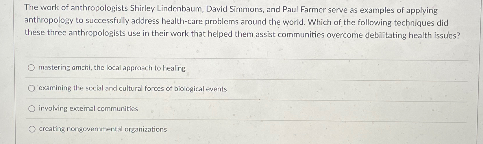 Solved The work of anthropologists Shirley Lindenbaum, David | Chegg.com