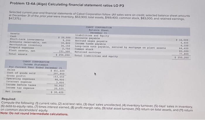 Problem 13-4A (Algo) Calculating financial statement | Chegg.com