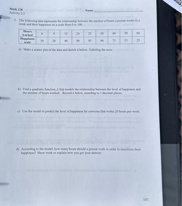Solved 1. The following data represents the relationship | Chegg.com