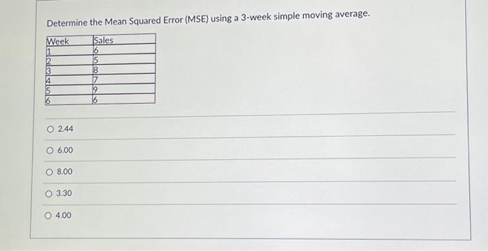 Solved Determine the Mean Squared Error (MSE) using a 3-week | Chegg.com