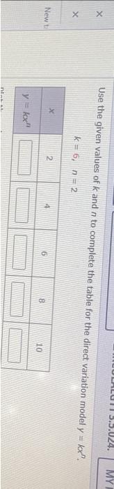 Solved Use the given values of k and n to complete the table | Chegg.com