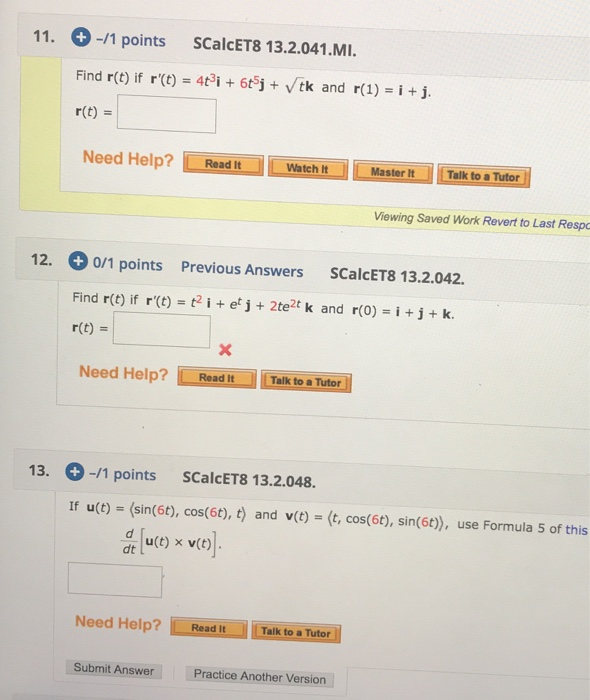 Solved 11. + -/1 points SCalcET8 13.2.041.MI. Find r(t) if | Chegg.com