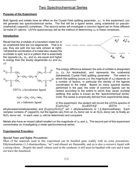 Two Spectrochemical Series Purpose of the Experiment | Chegg.com