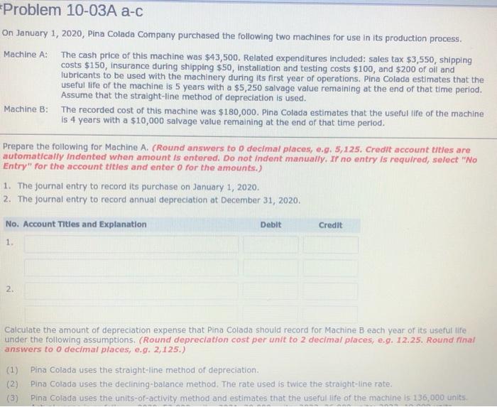 Solved Problem 10-03A a-c On January 1, 2020, Pina Colada | Chegg.com