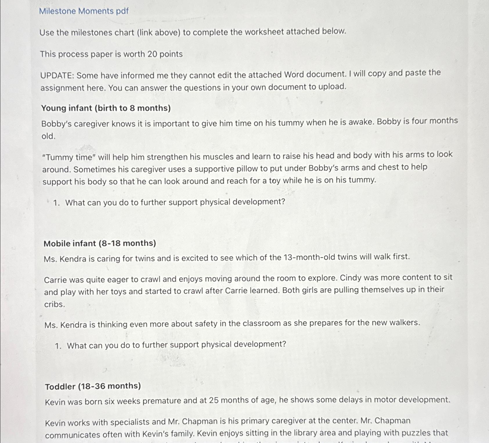 Milestone Moments pdfUse the milestones chart (link | Chegg.com