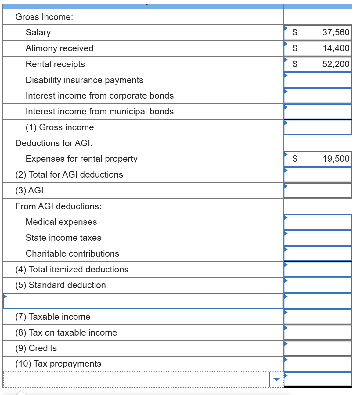Solved \table[[Gross Income:,,],[Salary,,$,37,560],[Alimony | Chegg.com