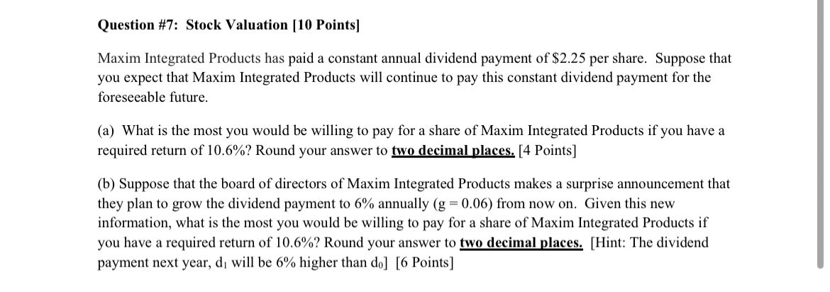 Solved Question #7: Stock Valuation [10 ﻿Points]Maxim | Chegg.com