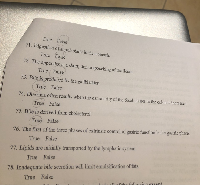 Solved True False 71. Digestion of starch starts in the | Chegg.com