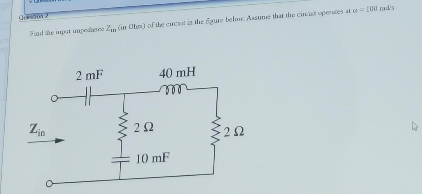 Solved Question 2 Find the input impedance Zin (in Ohm) of | Chegg.com