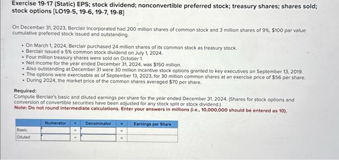 Solved Exercise 19-17 (Static) EPS; stock dividend; | Chegg.com