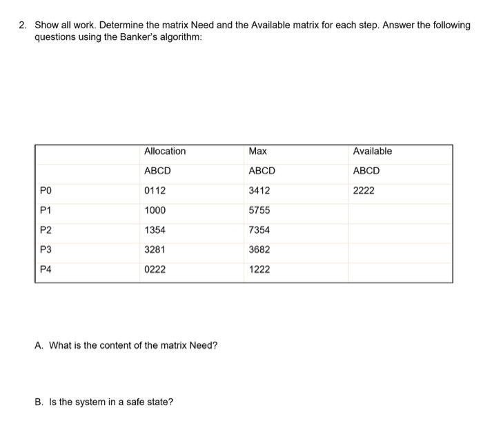 Solved 2. Show all work. Determine the matrix Need and the | Chegg.com
