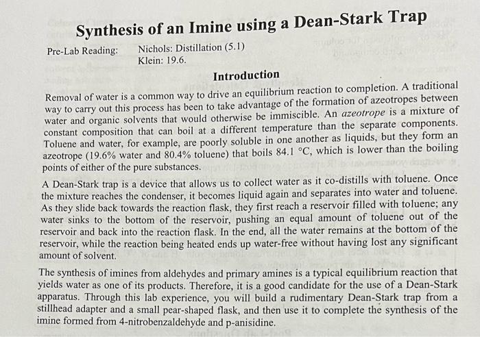 Solved a Synthesis of an Imine using a Dean-Stark Trap | Chegg.com
