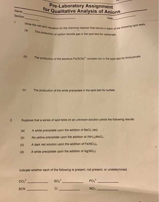 Solved Pre-Laboratory Assignment for Qualitative Analysis of | Chegg.com