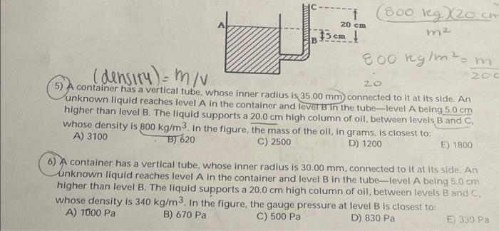 Solved 5) A container has a vertical tube, whose inner | Chegg.com