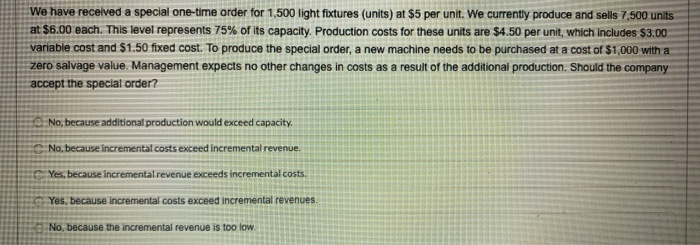 Solved We have received a special one-time order for 1,500 | Chegg.com