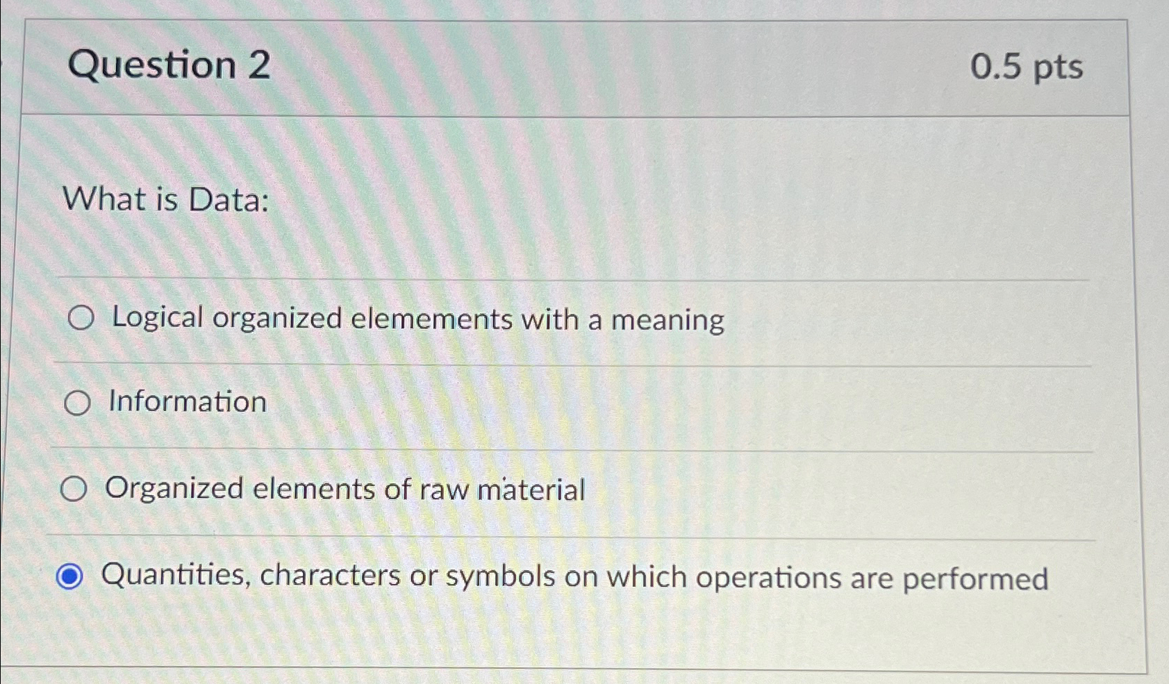 Solved Question 20.5ptsWhat is Data:Logical organized | Chegg.com