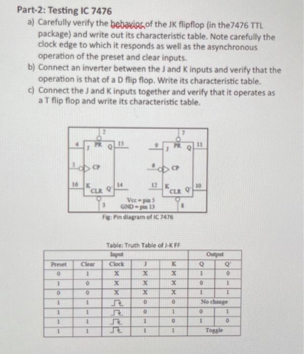 Solved Part-2: Testing IC 7476 a) Carefully verify the | Chegg.com