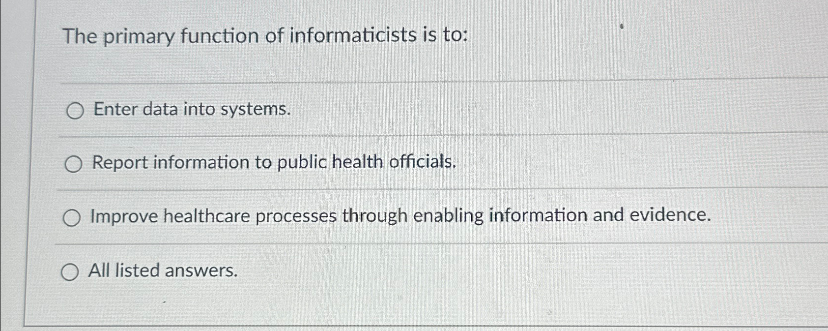 Solved The primary function of informaticists is to:Enter | Chegg.com