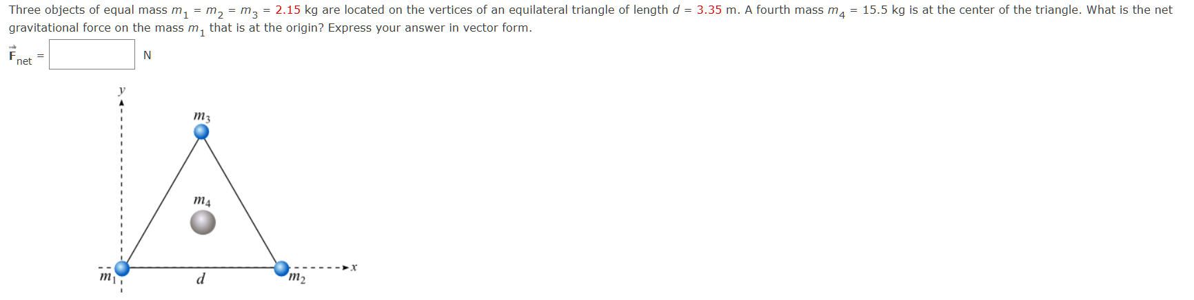 Solved Three objects of equal mass m1=m2=m3=2.15kg ﻿are | Chegg.com