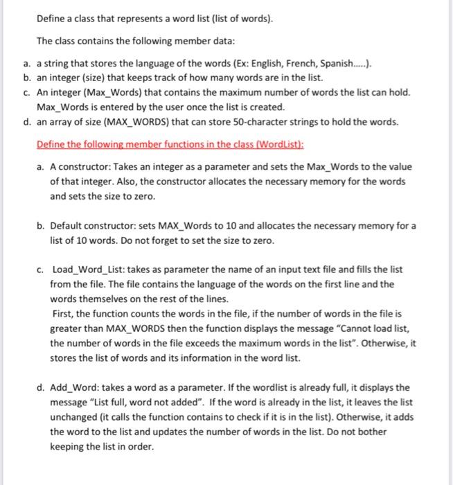 Solved Define a class that represents a word list (list of | Chegg.com