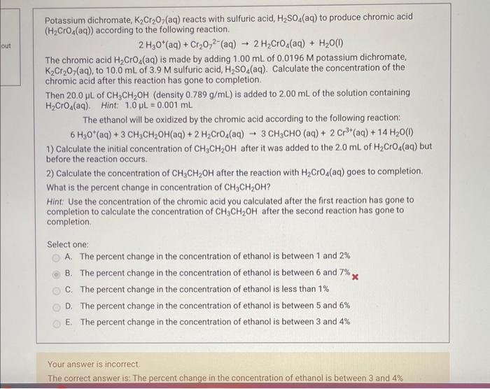 Solved Potassium dichromate, K2Cr2O7(aq) reacts with | Chegg.com